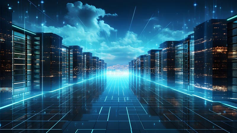 Glowing Server Racks in a Data Center Forming a Surreal Skyline Stock Illustration ...