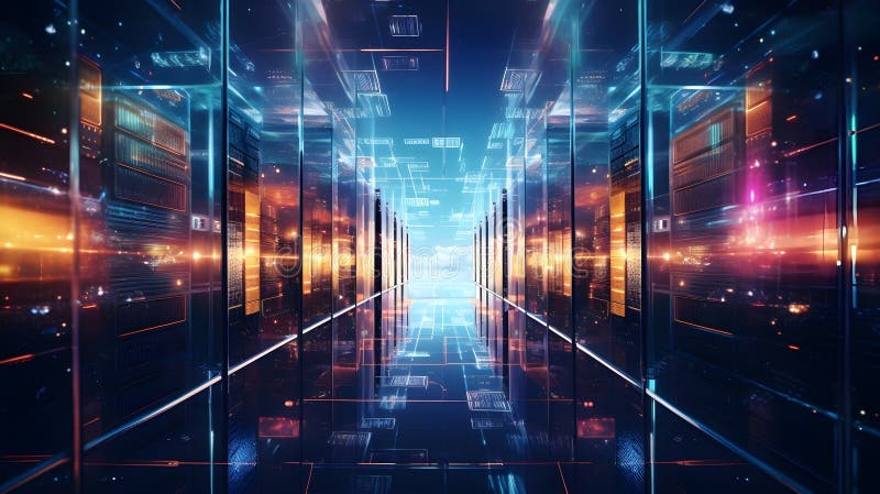 Glowing Server Racks in a Data Center Forming a Surreal Skyline Stock Illustration ...