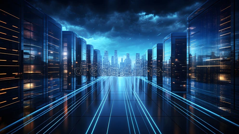 Glowing Server Racks in a Data Center Forming a Surreal Skyline Stock ...