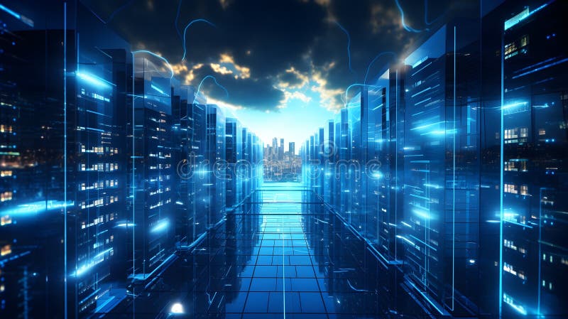Glowing Server Racks in a Data Center Forming a Surreal Skyline Stock ...