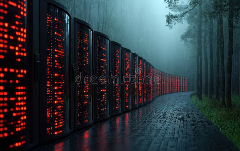 Glowing Server Racks in a Rainy Forest Stock Illustration ...