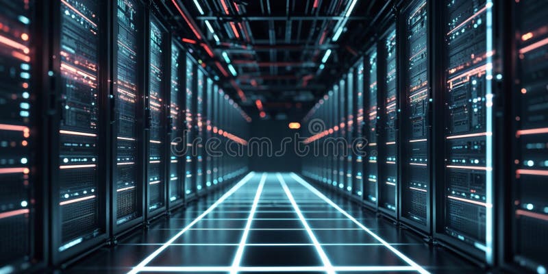 Glowing Servers in Dark Data Center with Neon Grid Floor Stock Photo ...