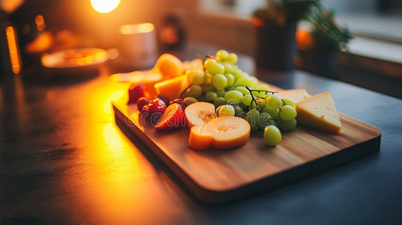 A Glowing Setup of Fresh Fruit and Cheese Styled on a Modern Wooden ...