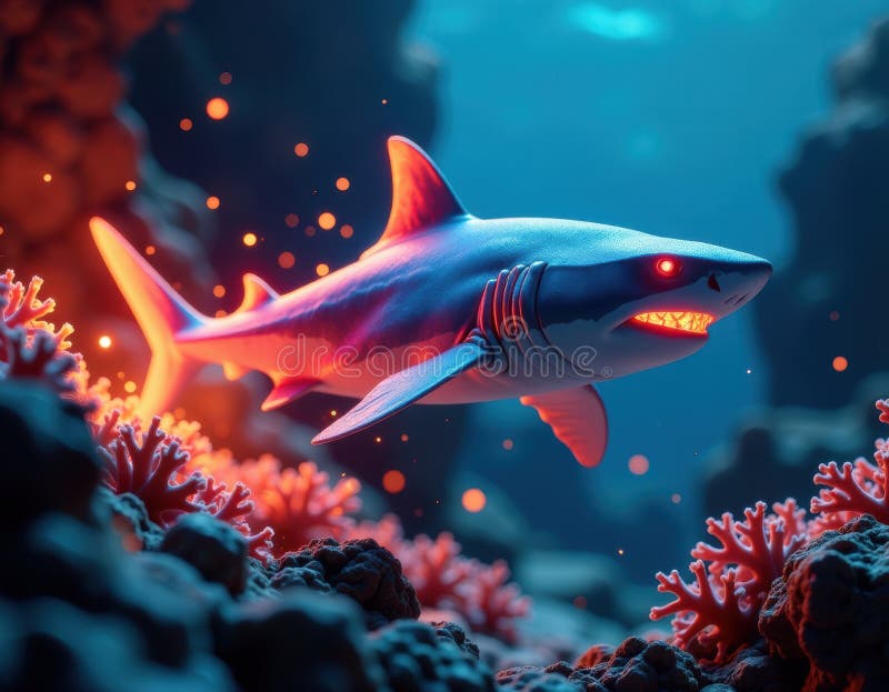 Glowing Shark in Coral Reef Stock Illustration - Illustration of world ...