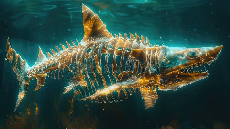 Glowing Shark Skeleton Swimming Underwater in a Sea Stock Illustration ...