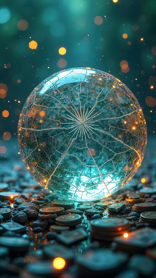 Glowing Shattered Glass Sphere on Pebbles with Magical Light Particles ...