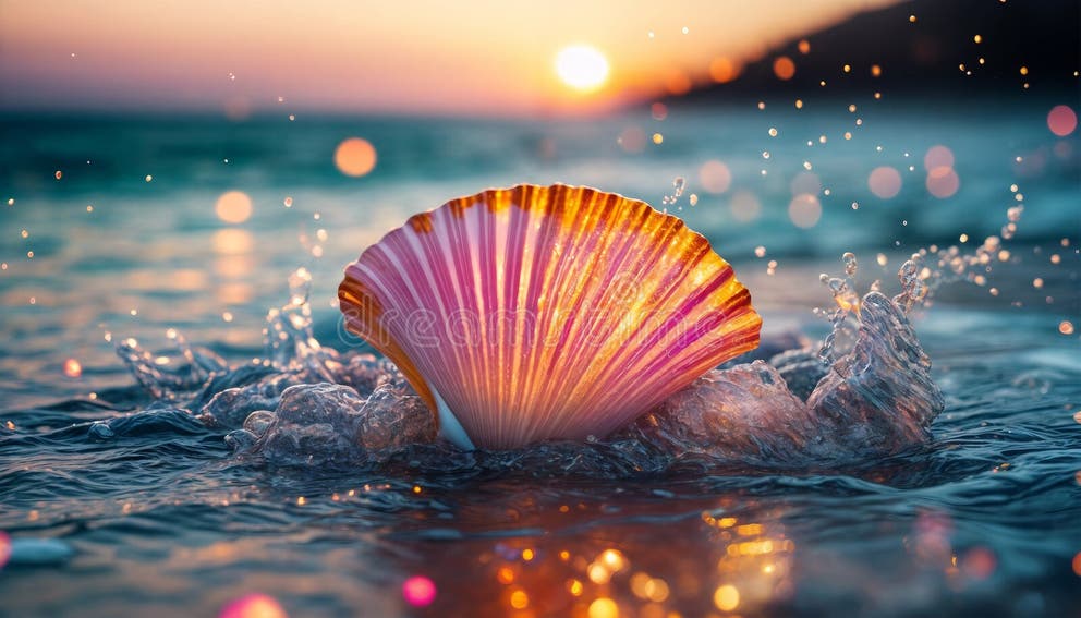 Shell in the Splashes of Sea Waves. a Pair of Beautiful Shells in the ...