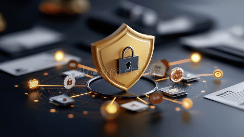 Glowing Shield with Padlock in the Center Surrounded by Data Flow Icons ...