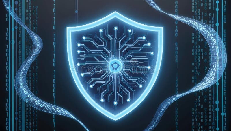 Glowing Shield with a Circuit Design, Surrounded by Data Streams ...