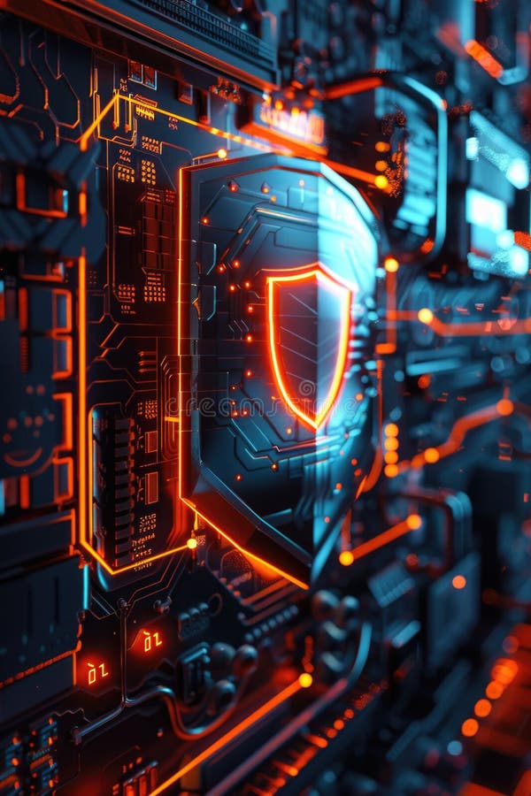 Glowing Shield on a Computer Motherboard, Ideal for Technology Concepts ...
