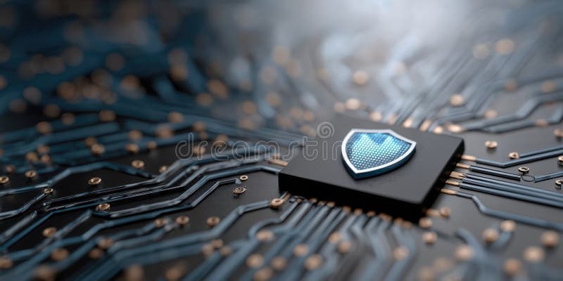 Generative AI Glowing Shield on Microchip Board Signifying Cybersecurity and Data Protection for ...