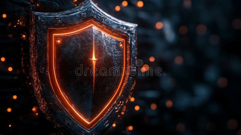 Glowing Shield with Orange Light on Dark Background. Stock Image ...