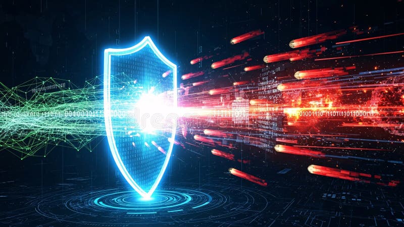 Glowing Shield Protecting from Digital Attacks with Binary Code and Network Connections Shown ...