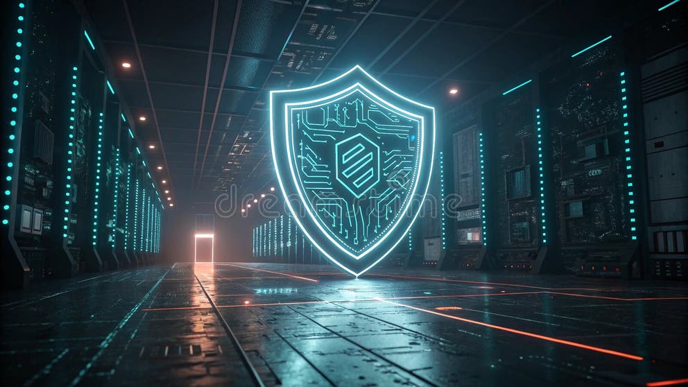 Glowing Shield in a Server Room Represents Technology, Security, Data ...