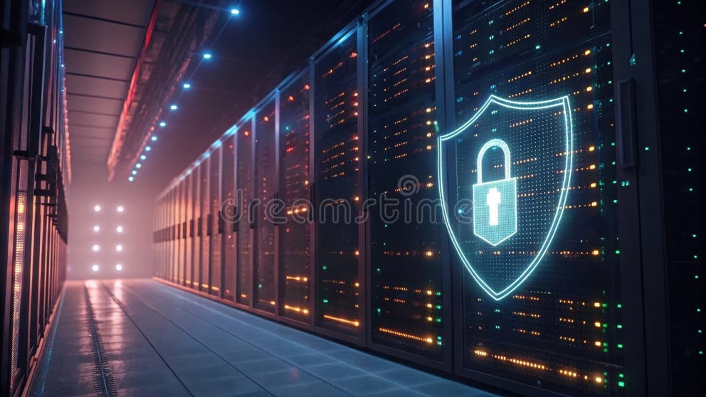 Glowing Shield in Server Room Symbolizing Cyber Security and Digital ...
