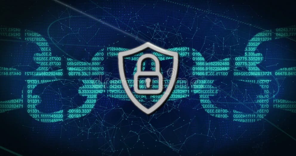 Glowing Shield Showing Padlock Symbol on Dark Blue Field, with Code Streams and Network Mesh ...