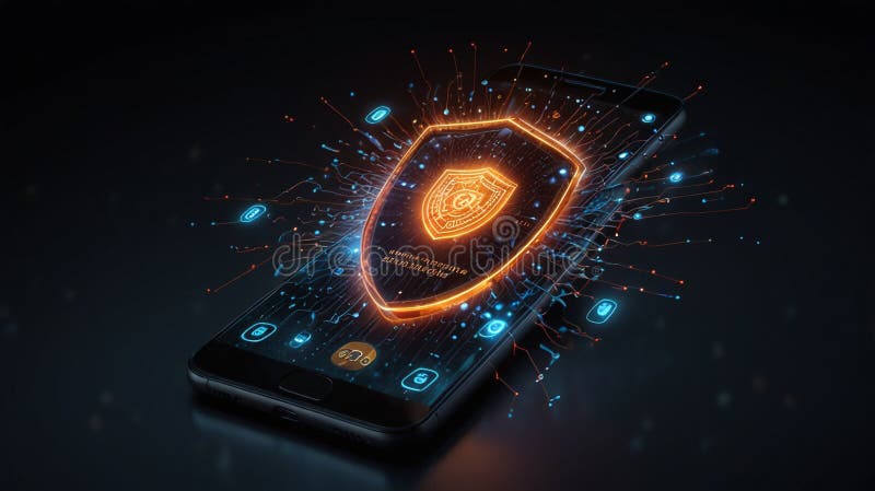 Glowing Shield on Smartphone with Digital Effects Stock Illustration ...
