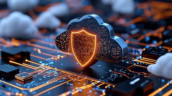 Digital Cloud Security with Glowing Shield on Circuit Board Stock Illustration - Illustration of ...