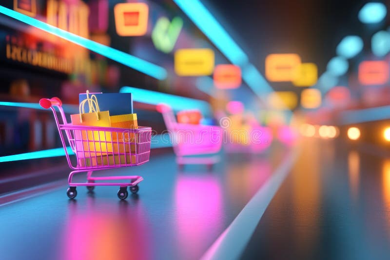 Glowing Shopping Carts Filled with Colorful Items Create Vibrant Scene ...