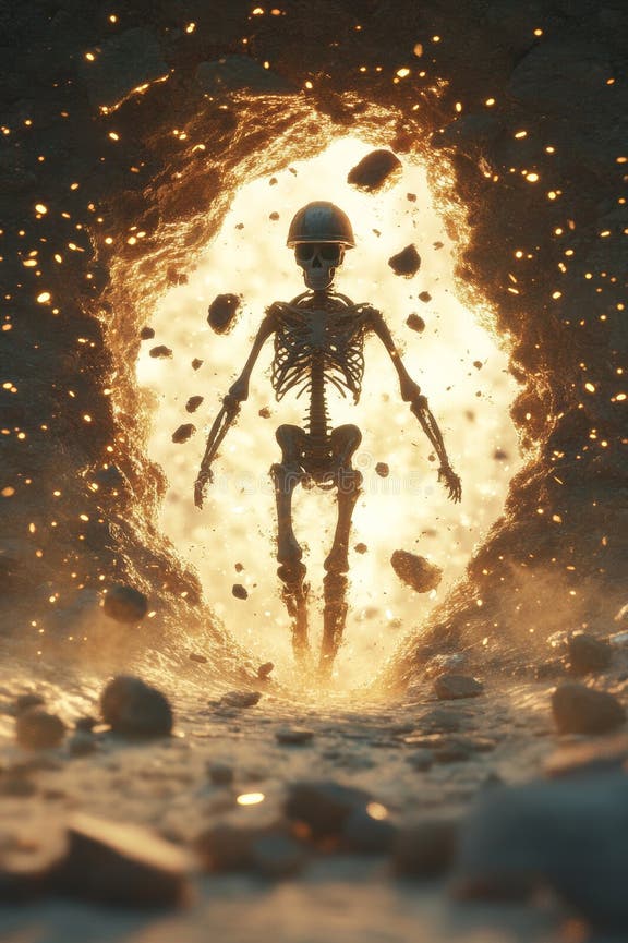 Glowing Skeleton Miner in Hard Hat Emerges from Deep Underground Cave ...
