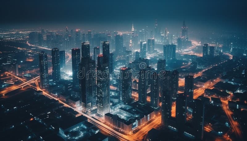 Glowing Skyscrapers Light Up City Night Life Generated by AI Stock ...