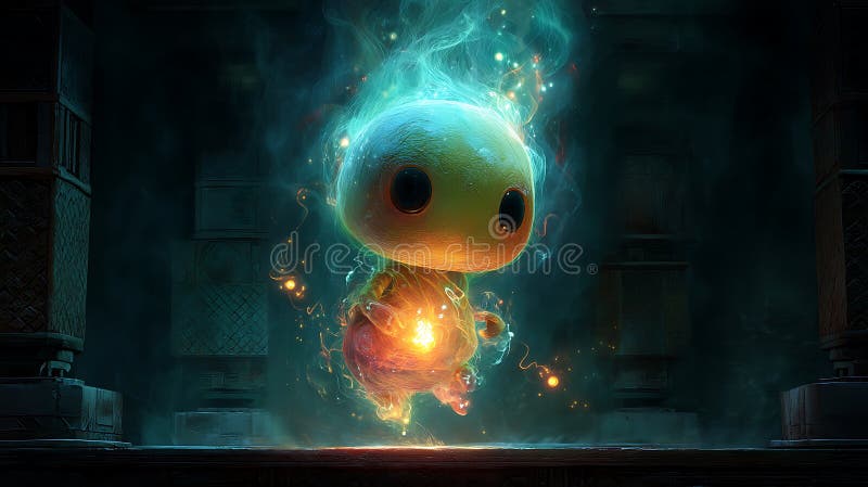 A Glowing, Small Creature with a Spherical Head and Large, Dark Eyes ...
