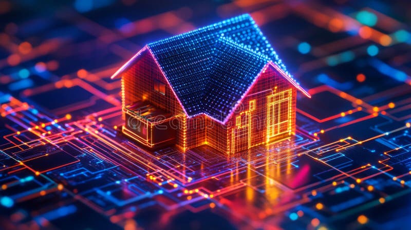 Glowing Smart Home Model on Circuit Board Digital Art Stock ...