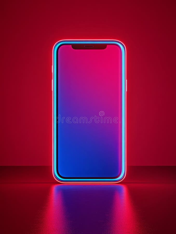 Glowing Smartphone with Neon Outline on a Red Background. Stock Image ...