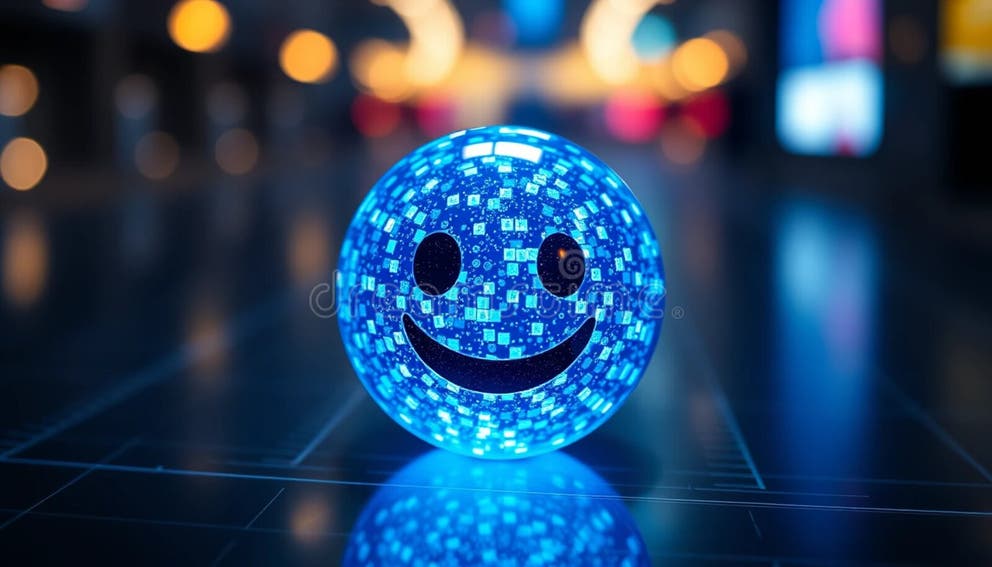 Glowing Smiley Face Orb on Surface with Blue Light Reflection Stock ...