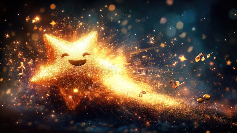 Glowing Smiling Star with Sparkling Trail and Music Notes in Cosmic ...