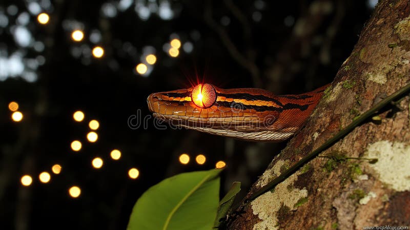 Glowing Snake Eyes Night Jungle Tree Wildlife Stock Photo - Image of ...