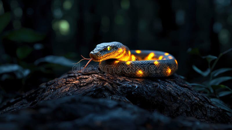 A Glowing Snake Resting on a Log in a Mystical Forest Showcasing ...