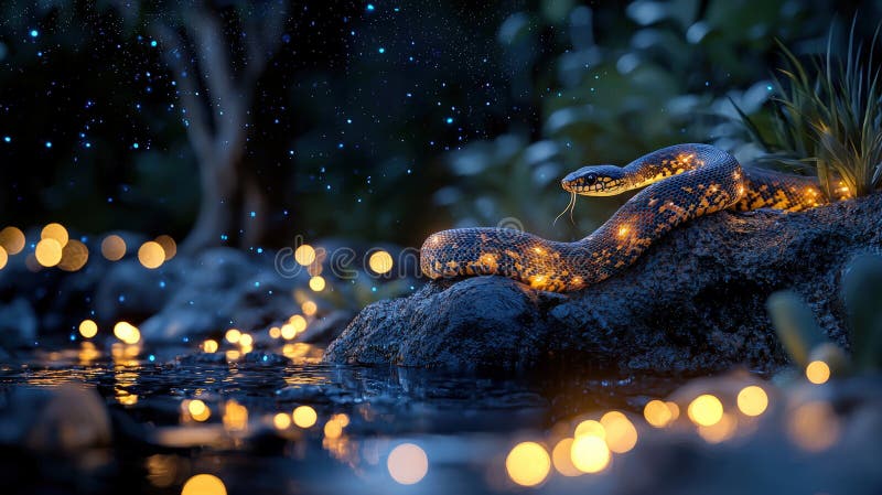 A Glowing Snake Rests by a Tranquil River Illuminated by Soft Sparkling ...