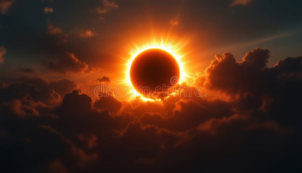 Glowing Solar Eclipse Amidst Dark Clouds in a Fiery Sky Stock ...