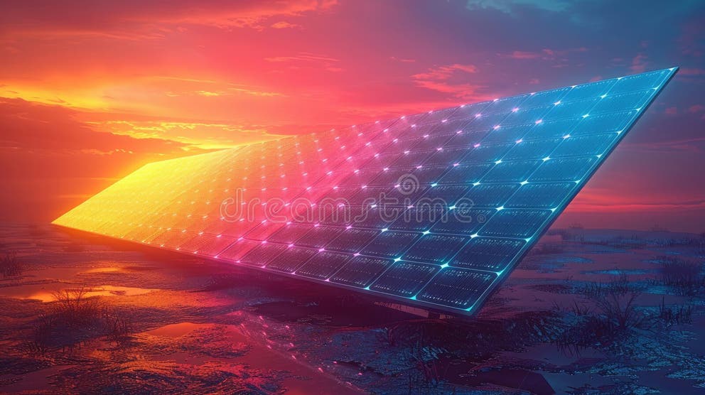 A Glowing Solar Panel in the Middle of a Desert at Sunset Stock ...