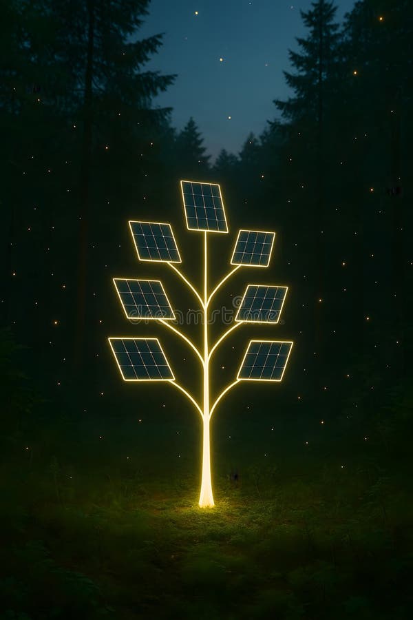 Glowing Solar Panel Tree at Night Stock Illustration - Illustration of ...