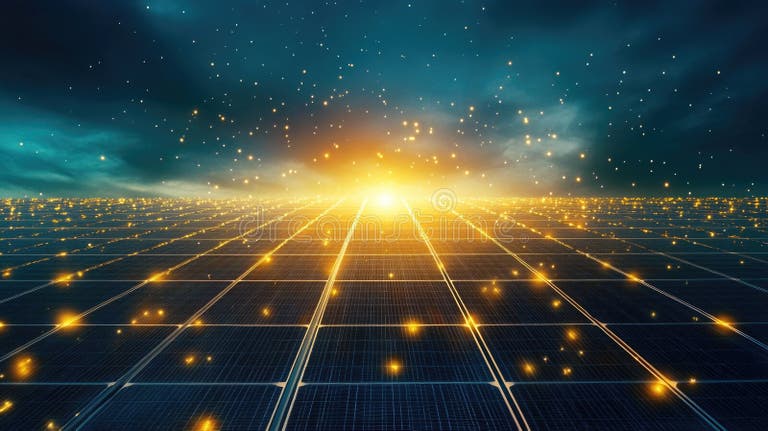 Glowing Solar Panels at Dawn with Sparkling Light Effects Stock Image ...