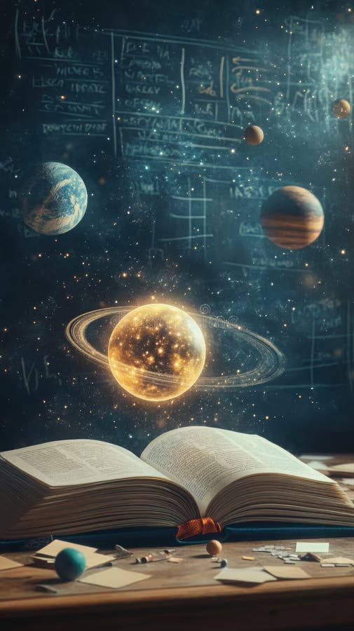 Glowing Solar System Emerges from an Open Book on a School Desk ...