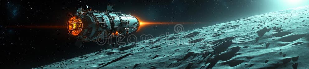 A Glowing Spacecraft Orbiting the Moon with Shadow on the Surface Stock ...