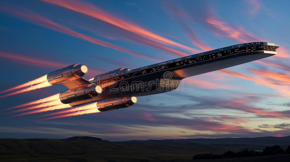 Glowing Spaceship in Flight Against Sunset Landscape Stock Illustration ...