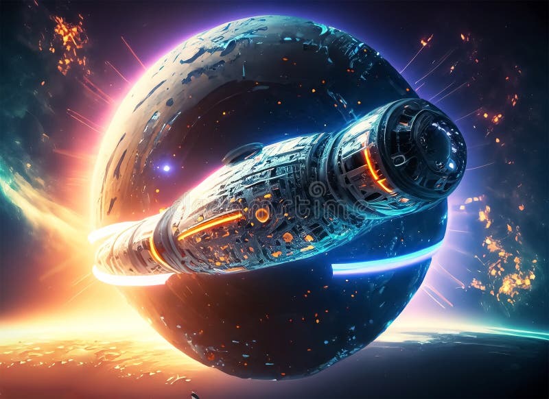 Glowing Spaceship Orbits Sphere in Deep Space. Generative AI Stock ...