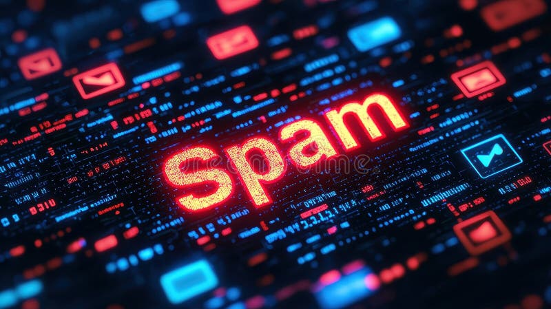 Glowing Spam Text on Digital Screen with Icons Stock Illustration ...