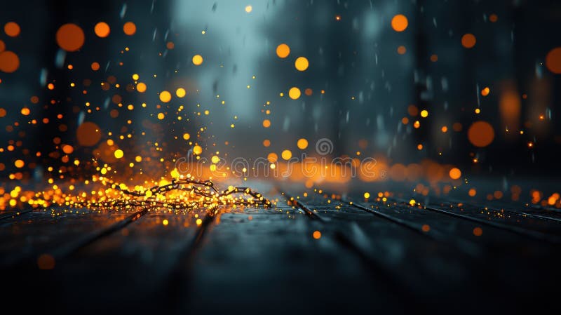 Glowing Sparks and Raindrops on Dark Wet Surface with Bokeh Background ...