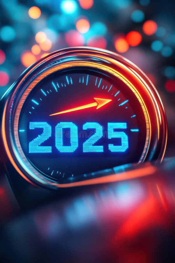 Futuristic Speedometer with Glowing Numbers Displaying the Year 2025 ...