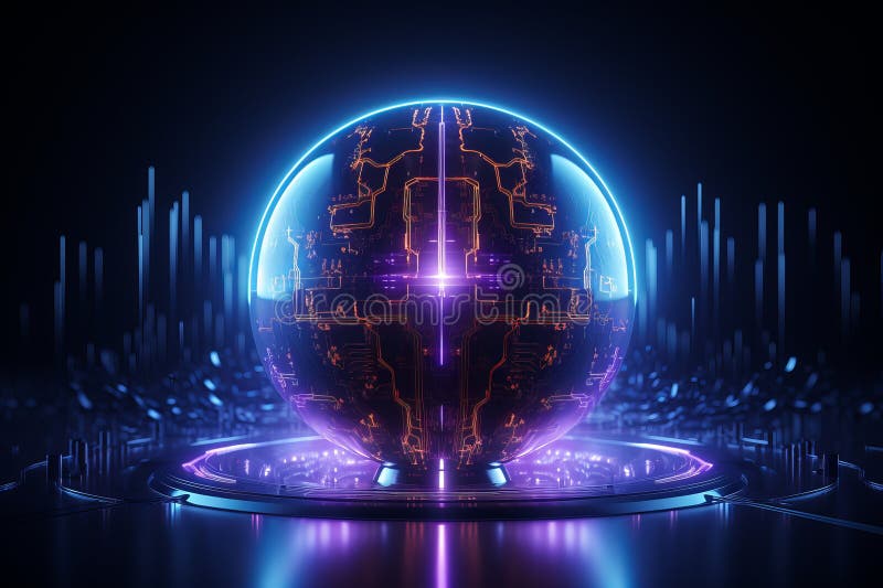 Illuminated Sphere with Intricate Circuitry in a Futuristic Setting ...