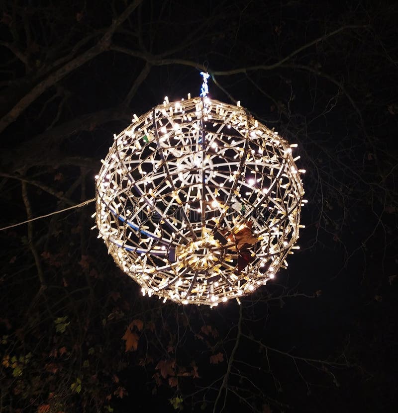 Glowing Sphere Light Installation Hanging from Bare Branches at Night ...
