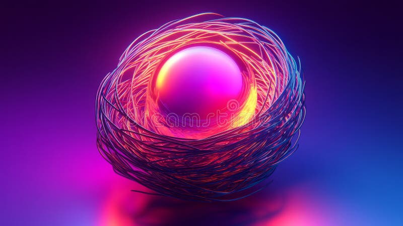 Glowing Sphere Nestled in a Wire Nest with Neon Lights Stock ...