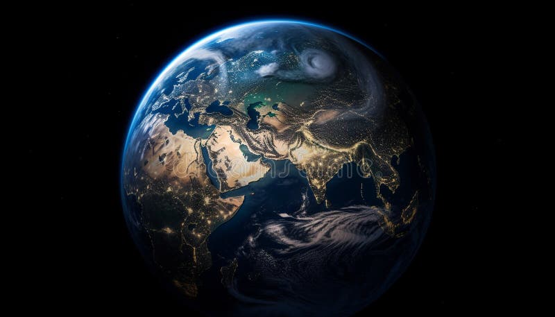 Glowing Sphere Orbits Blue Planet in Space Generated by AI Stock Image ...