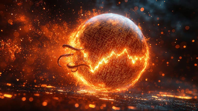Glowing Sphere Representing Cybersecurity is Surrounded by Fiery Sparks ...