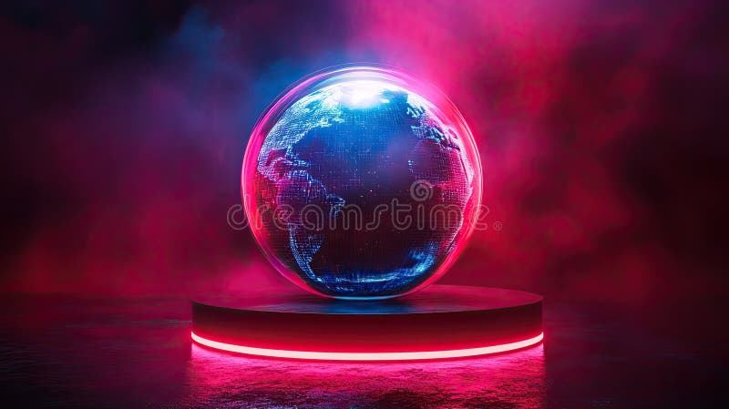 A Glowing Sphere Representing the Earth, with Red and Blue Neon Lights ...